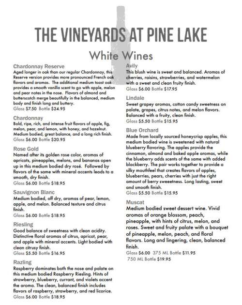The Vineyards at Pine Lake menu in Columbiana, Ohio, USA
