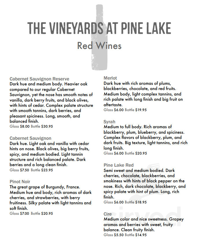 The Vineyards at Pine Lake menu in Columbiana, Ohio, USA
