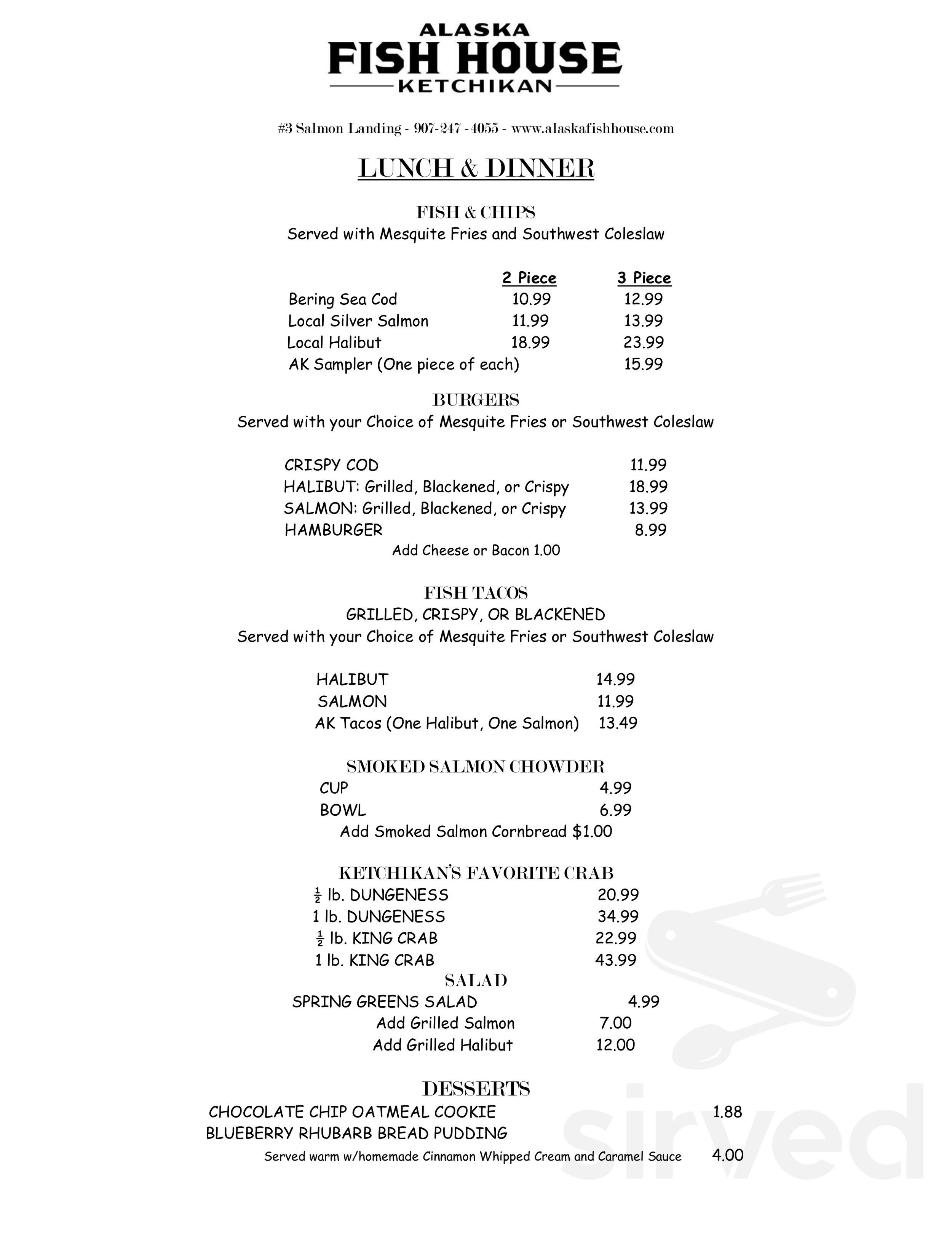 Menu for The Alaska Fish House in Ketchikan, AK | Sirved