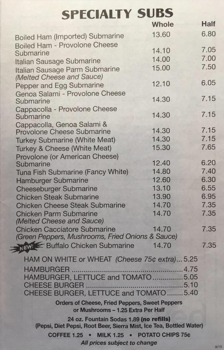 White House Subs menus in Atlantic City, New Jersey, United States