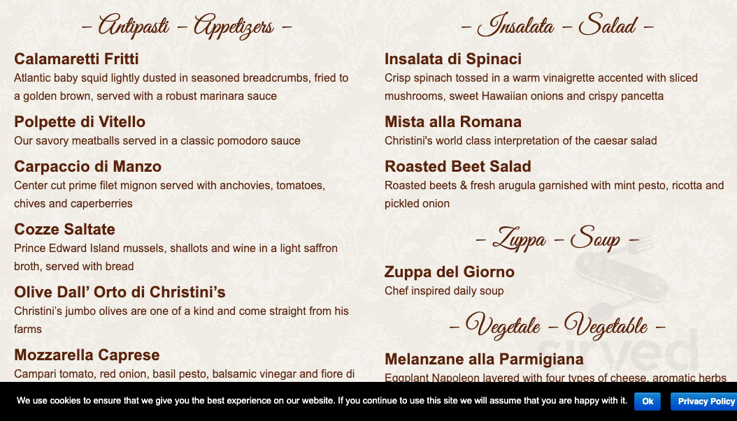 Menu for Christinis Ristorante Italiano in Orlando, FL | Sirved