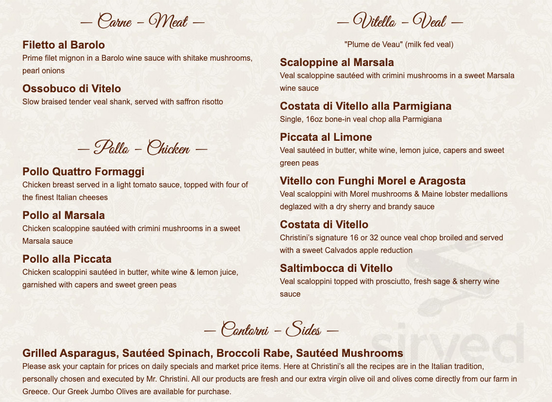 Christinis Ristorante Italiano menu in Orlando, Florida, USA