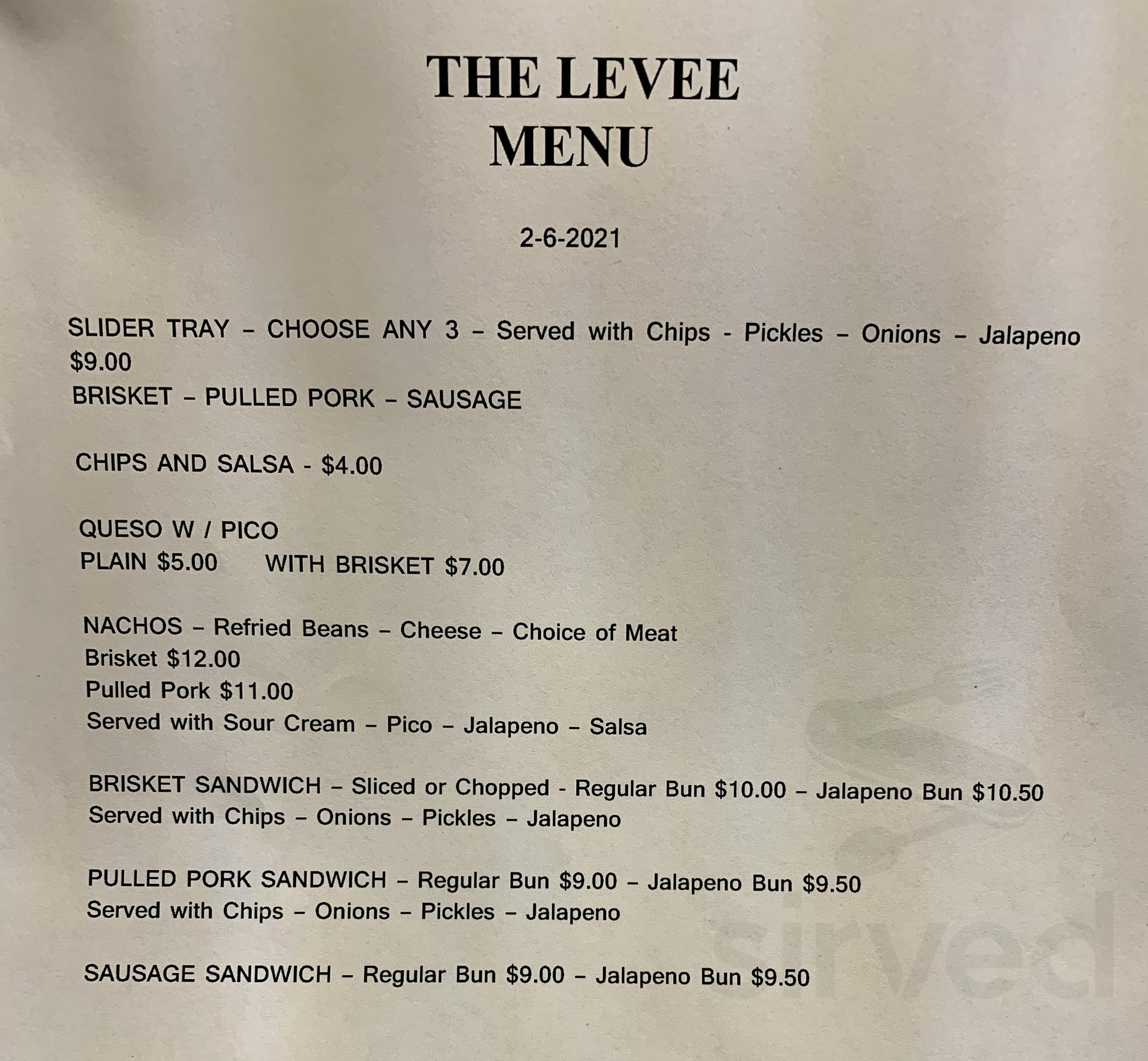 The Levee menu in Longview, Texas, USA