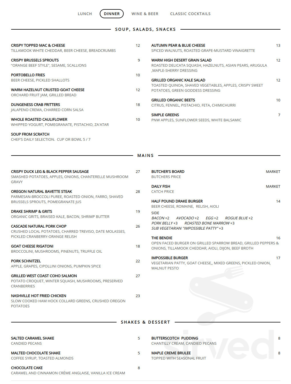 DRAKE-Downtown Bend menu in Bend, Oregon, USA