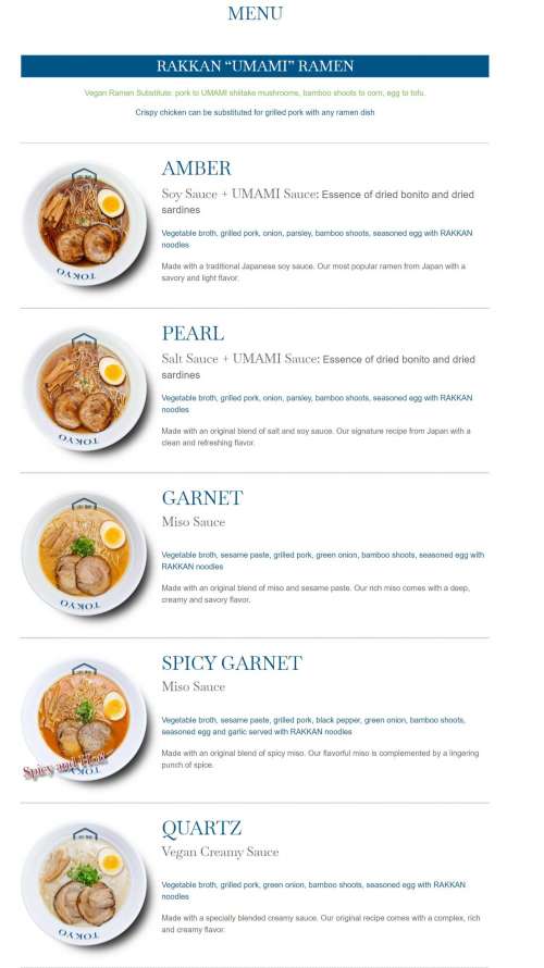 Rakkan Ramen menu in Houston, Texas, USA