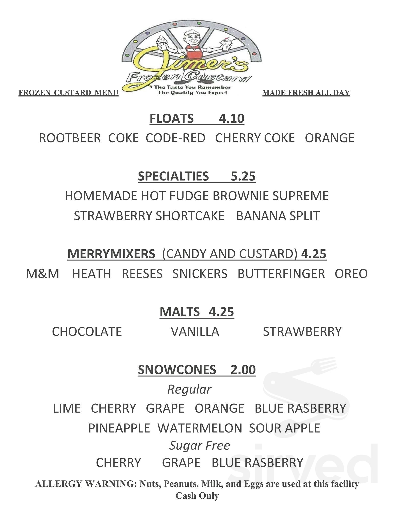 Menu - Moseley VA's Jimer's Frozen Custard | Sirved