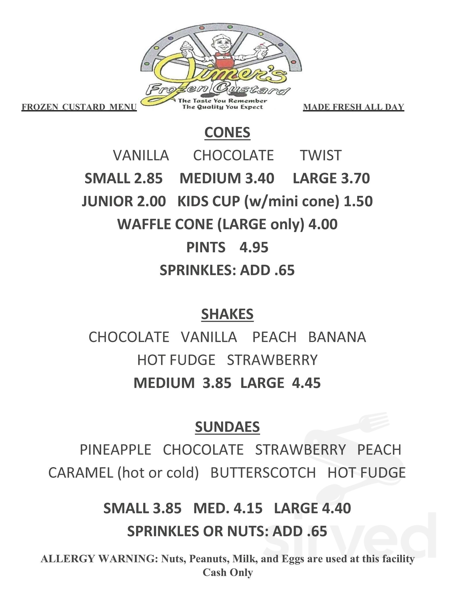 Menu - Moseley VA's Jimer's Frozen Custard | Sirved