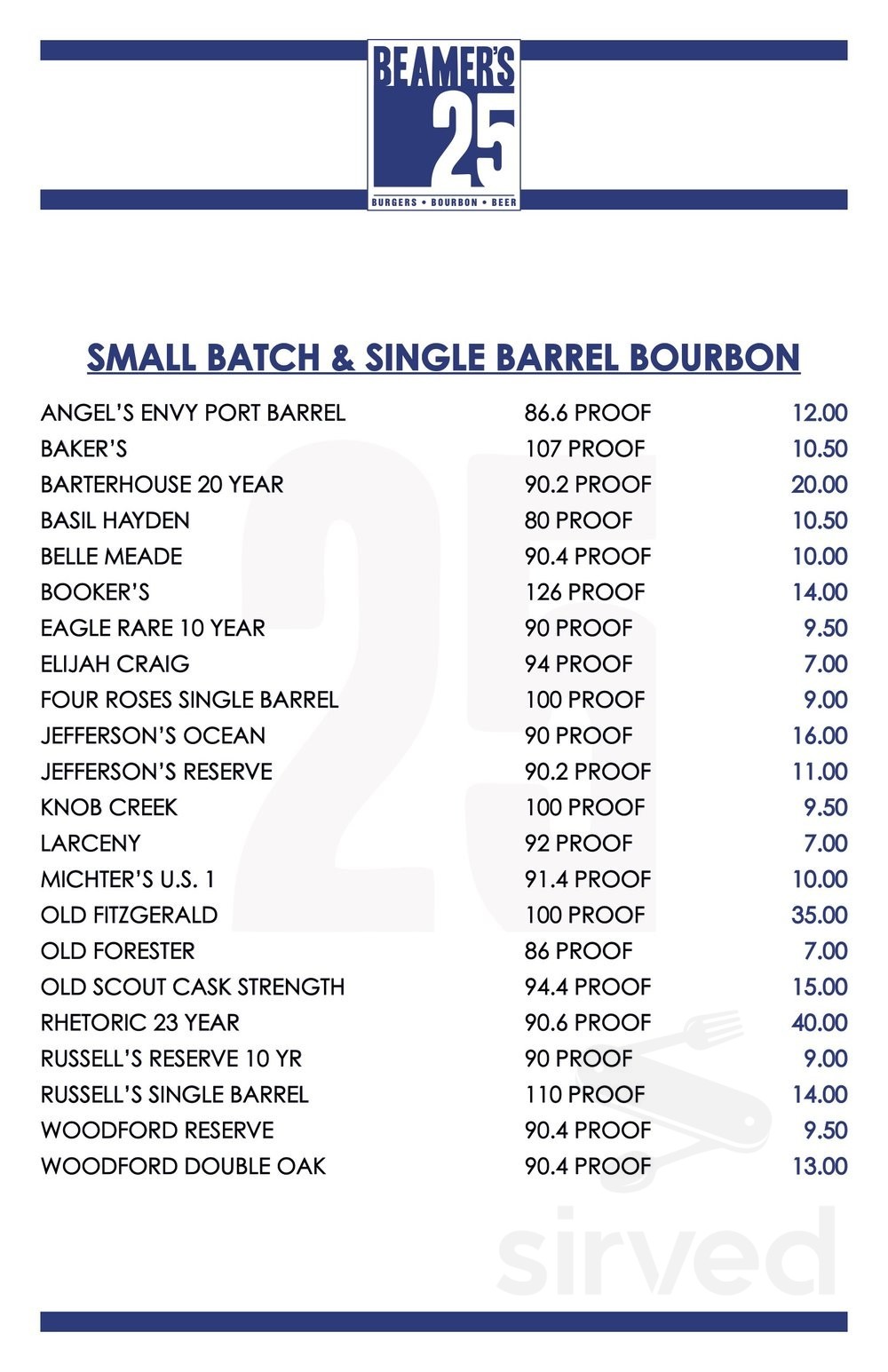 Beamer's 25 menu in Roanoke, Virginia, USA