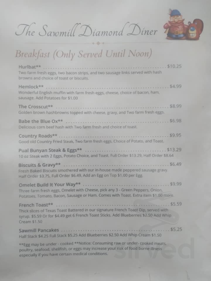 The Sawmill Diamond Diner menu in Pullman, Michigan, USA