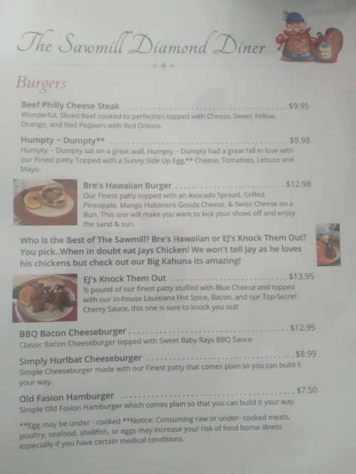 The Sawmill Diamond Diner menu in Pullman, Michigan, USA