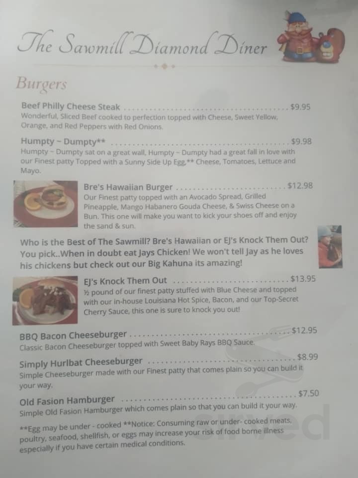 The Sawmill Diamond Diner menu in Pullman, Michigan, USA