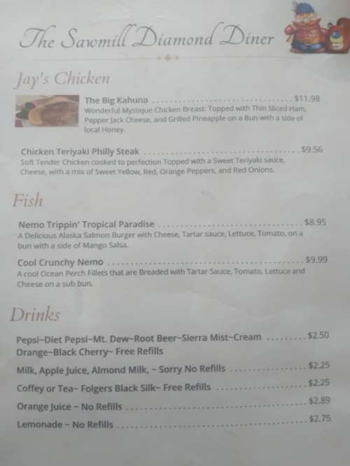 The Sawmill Diamond Diner menu in Pullman, Michigan, USA