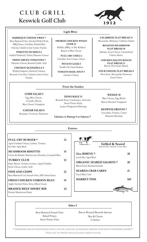 Keswick Hall menu in Keswick, Virginia, USA
