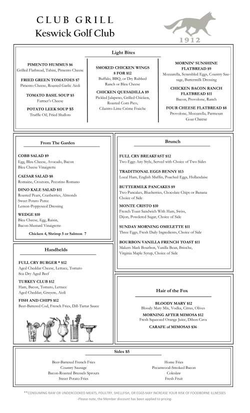 Keswick Hall menu in Keswick, Virginia, USA