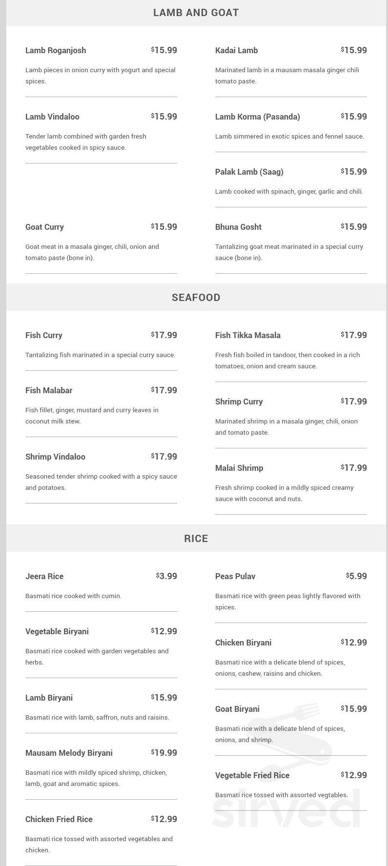 Menu - Clifton NJ's Mausam Indian Curry N Bites | Sirved