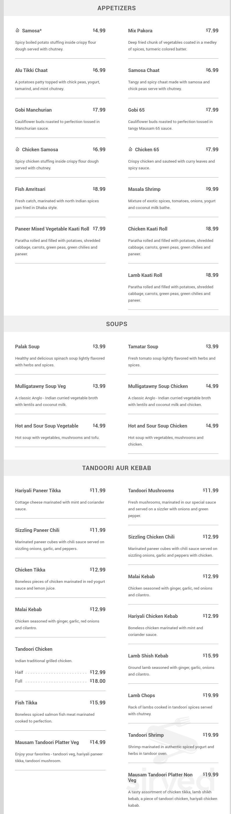 Menu - Clifton NJ's Mausam Indian Curry N Bites | Sirved