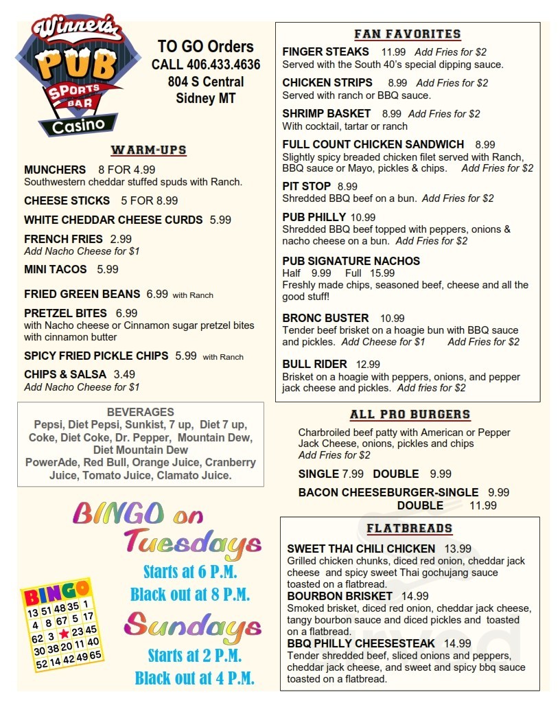 Winners Pub menu in Sidney, Montana, USA