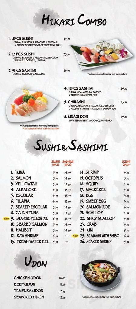 Hikari Sushi menu in Simi Valley, California, USA