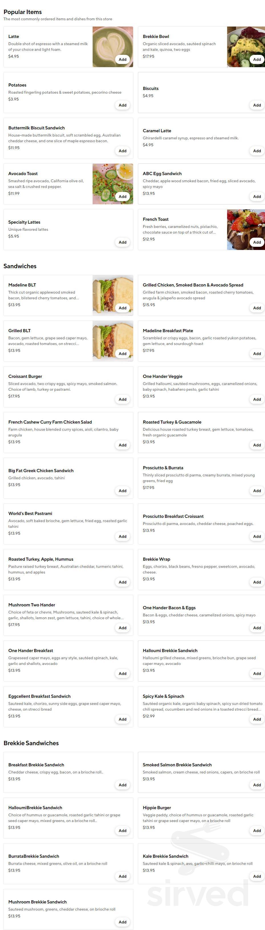 Menu - Brooklyn NY's Cafe Madeline | Sirved