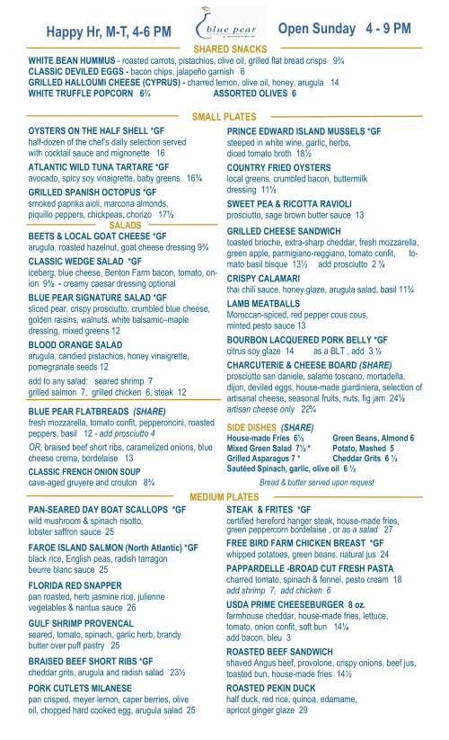 Blue Pear Bistro menu in West Chester, Pennsylvania, USA