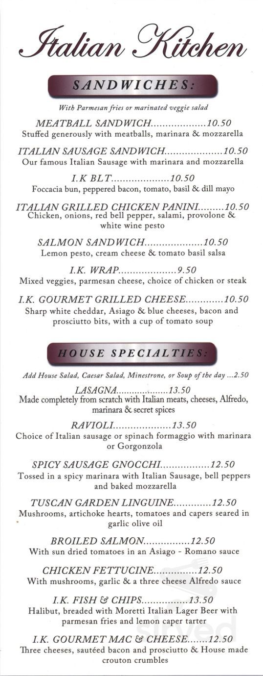 Italian Kitchen menu in Spokane, Washington, USA