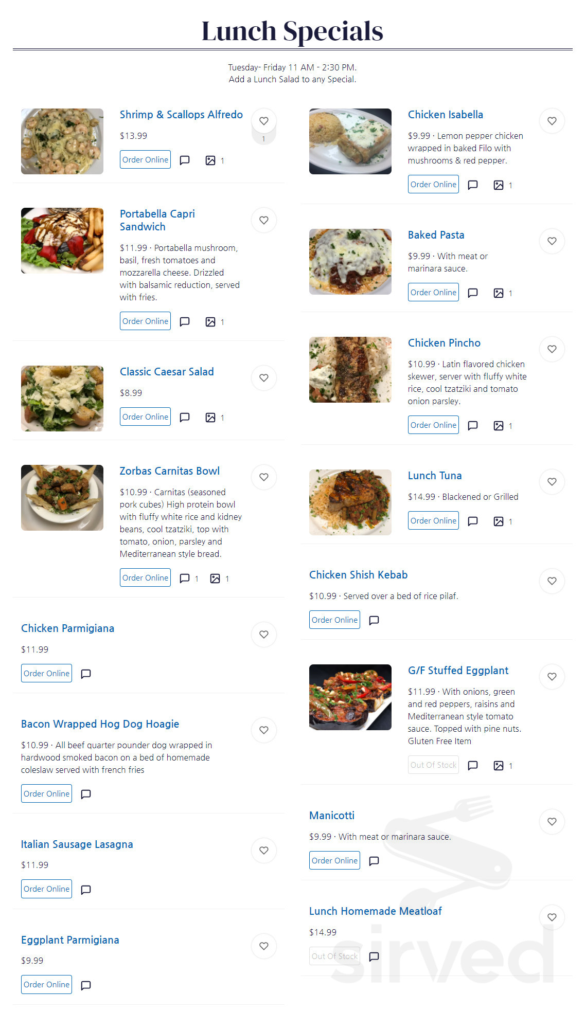 Zorbas Greek Italian Cuisine menus in Henrico, Virginia, United States