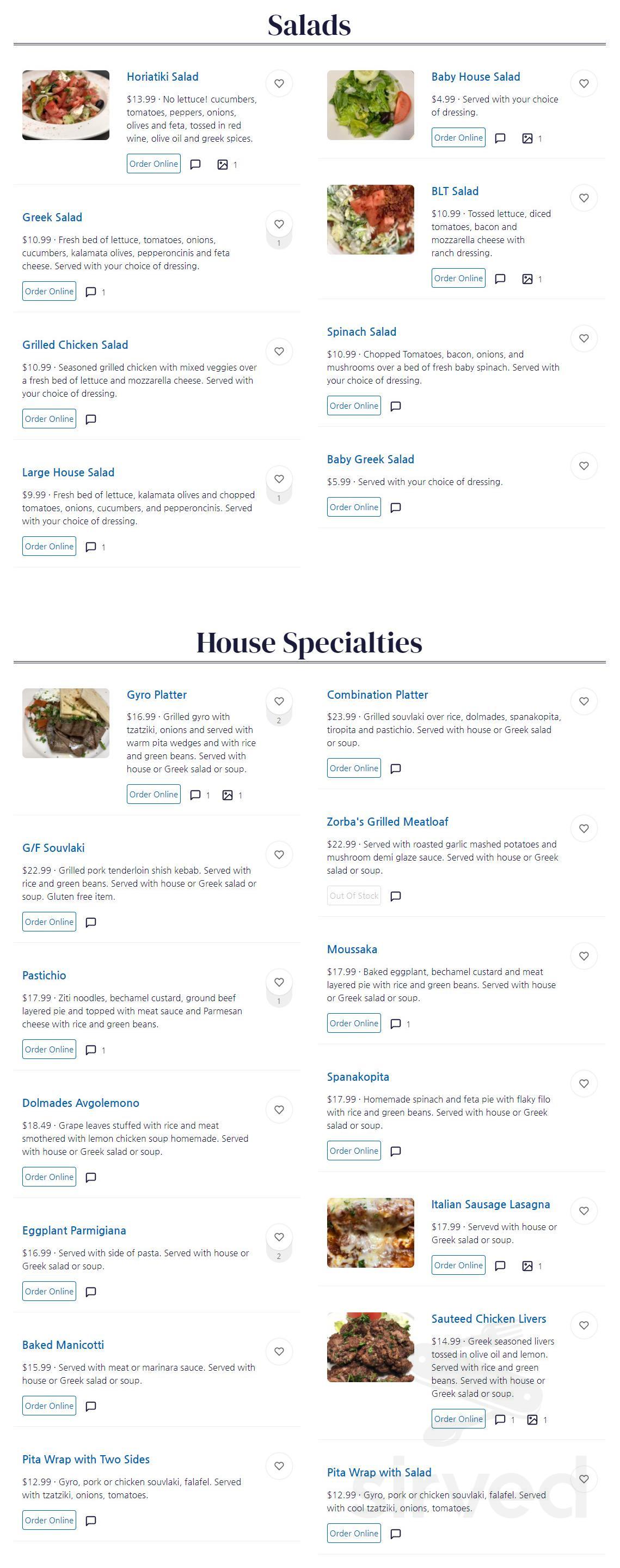Zorbas Greek Italian Cuisine menus in Henrico, Virginia, United States