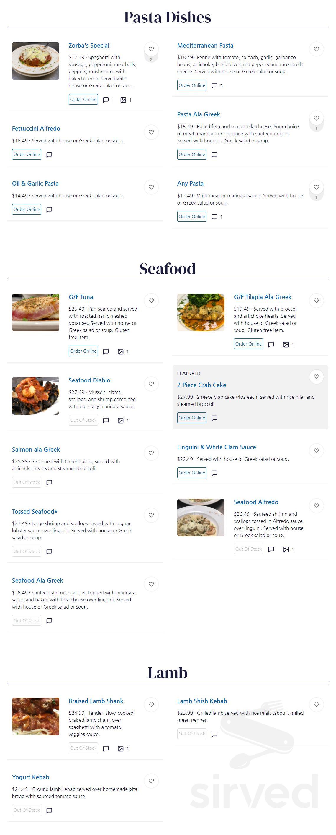 Zorbas Greek Italian Cuisine menus in Henrico, Virginia, United States