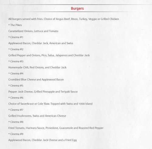 Pikes Cinema Bar and Grill menu in Pikesville, Maryland, USA