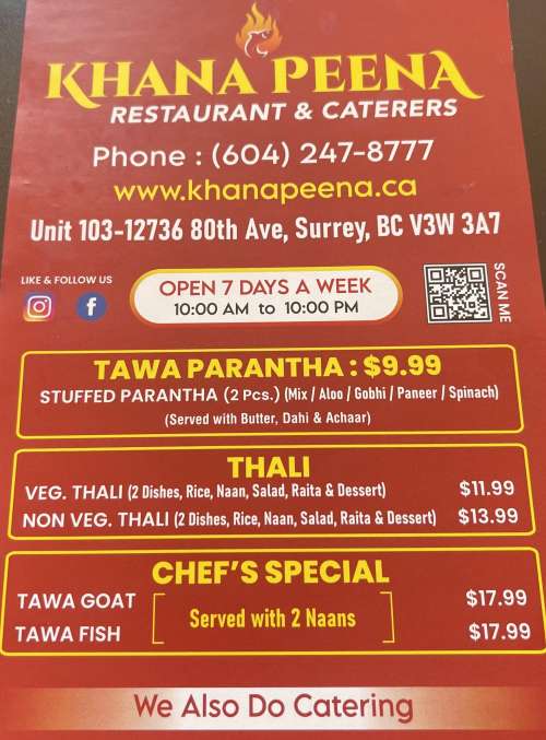 Khana Peena catering menu in Surrey, British Columbia, Canada