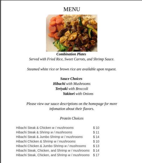 Lucky Samurai menu in Gastonia, North Carolina, USA