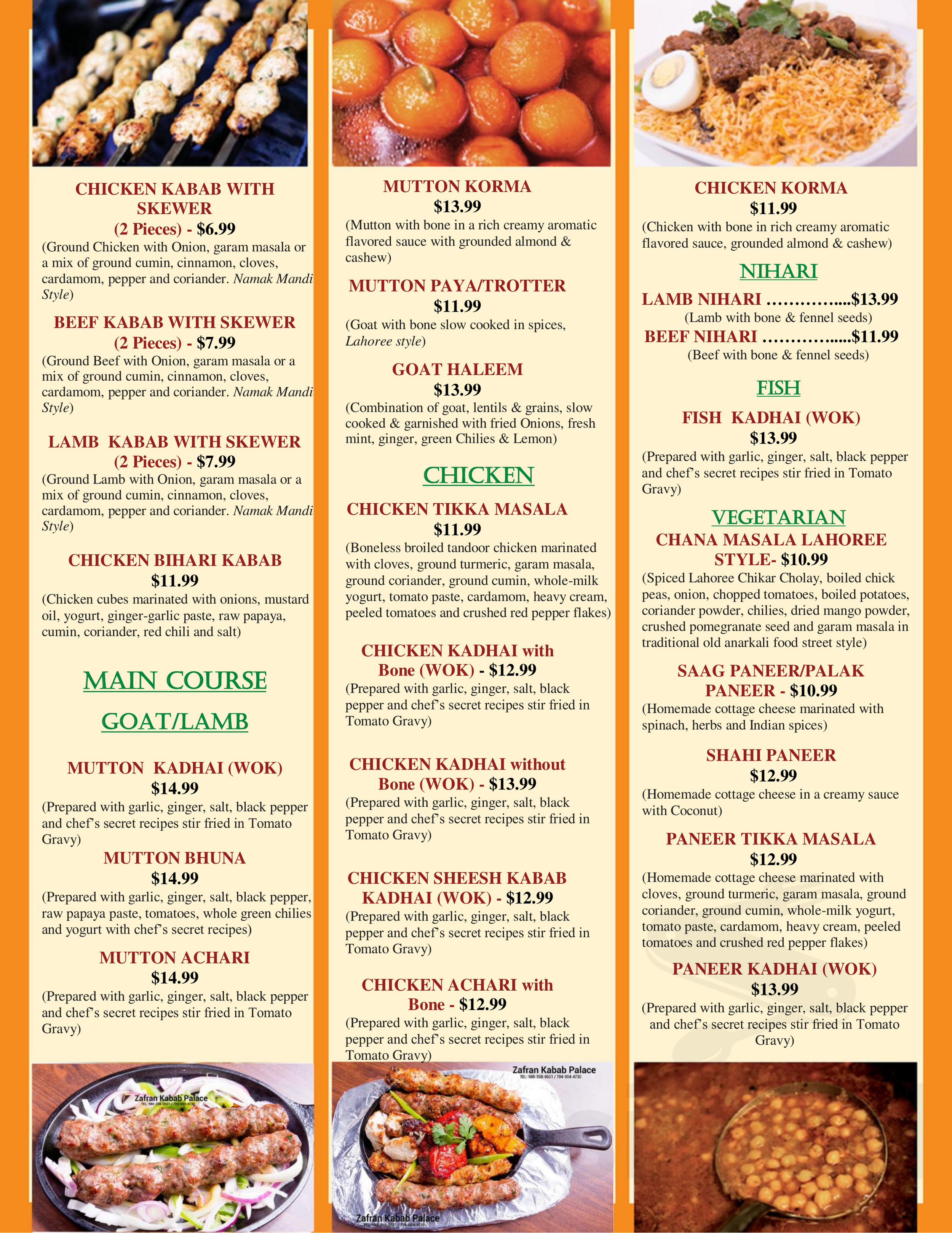 Menu - Charlotte NC's Zafran Kabab Palace | Sirved