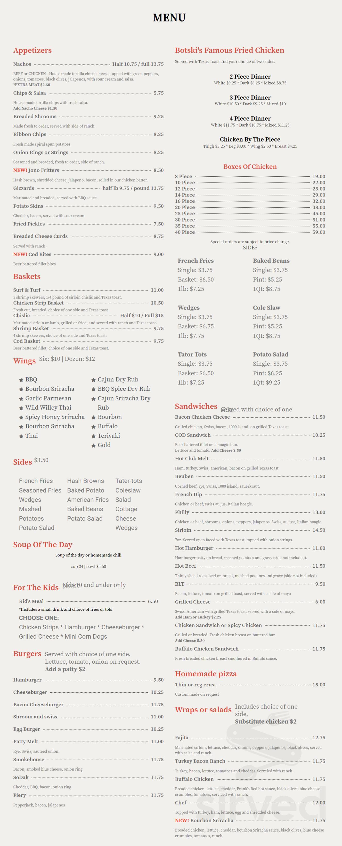 Botski's menu in Sioux Falls, South Dakota, USA