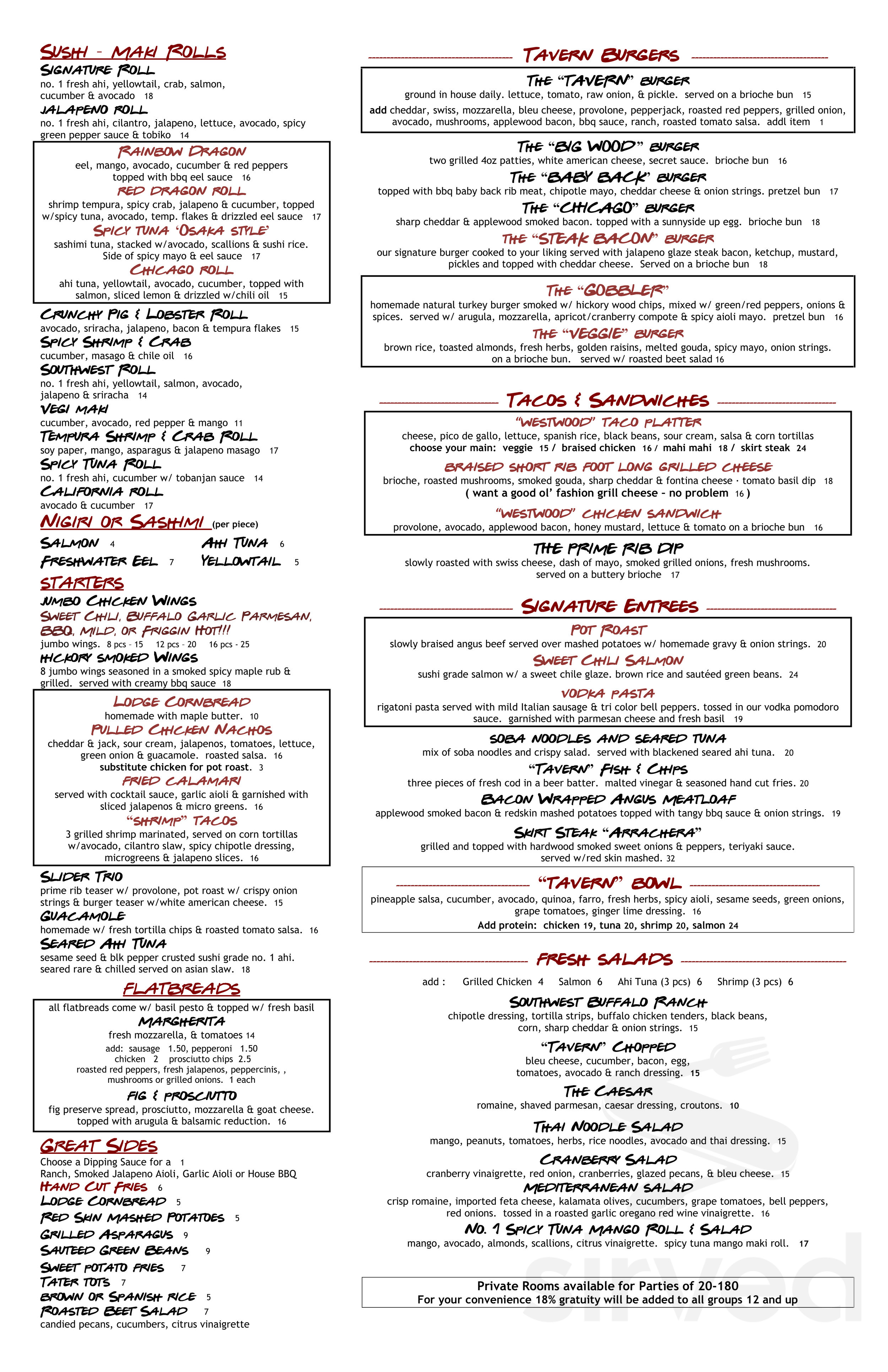 Westwood Tavern menu in Schaumburg, Illinois, USA