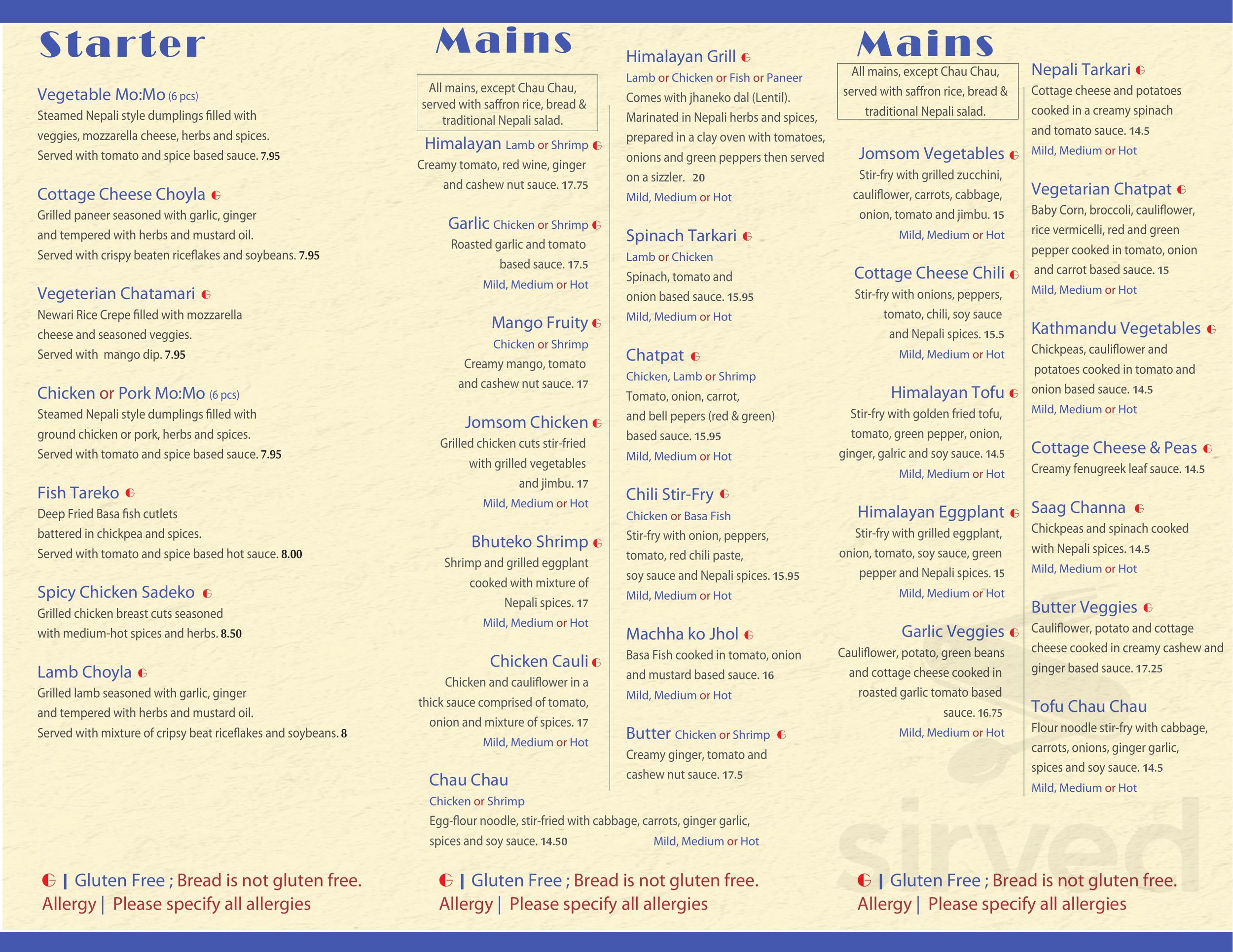 Menu - Calgary AB's The Himalayan | Sirved
