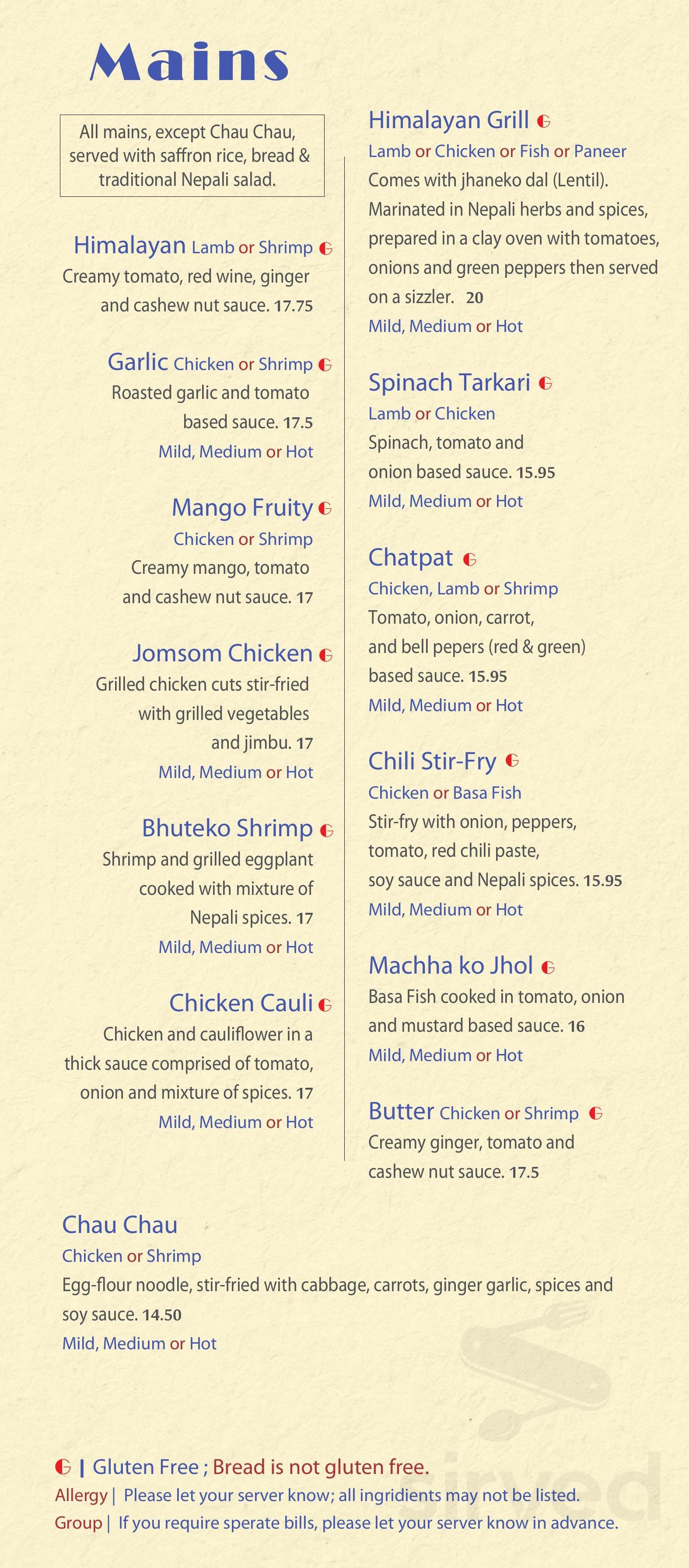 Menu - Calgary AB's The Himalayan | Sirved
