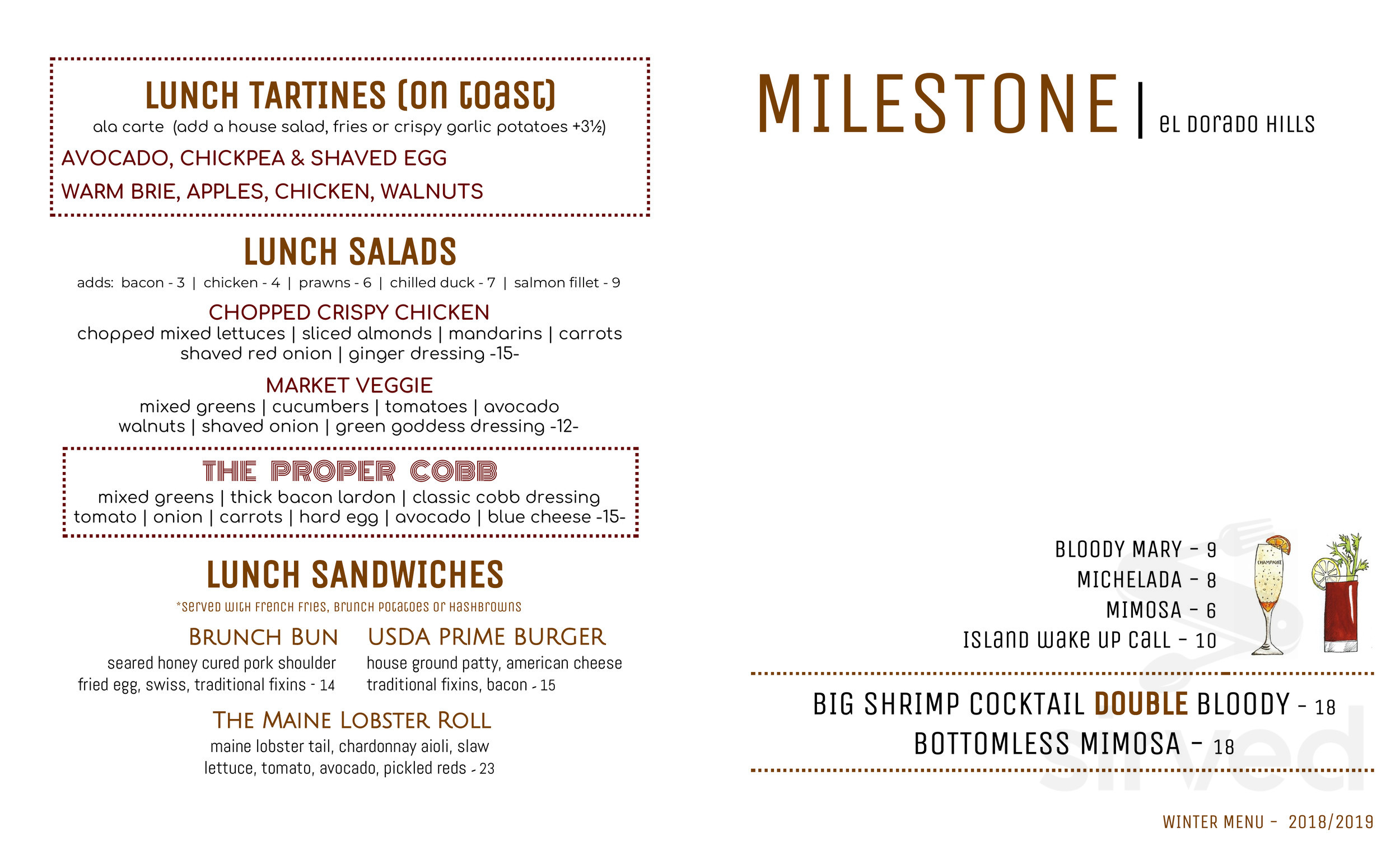 Milestone Restaurant & Cocktail Bar menu in El Dorado Hills, California ...