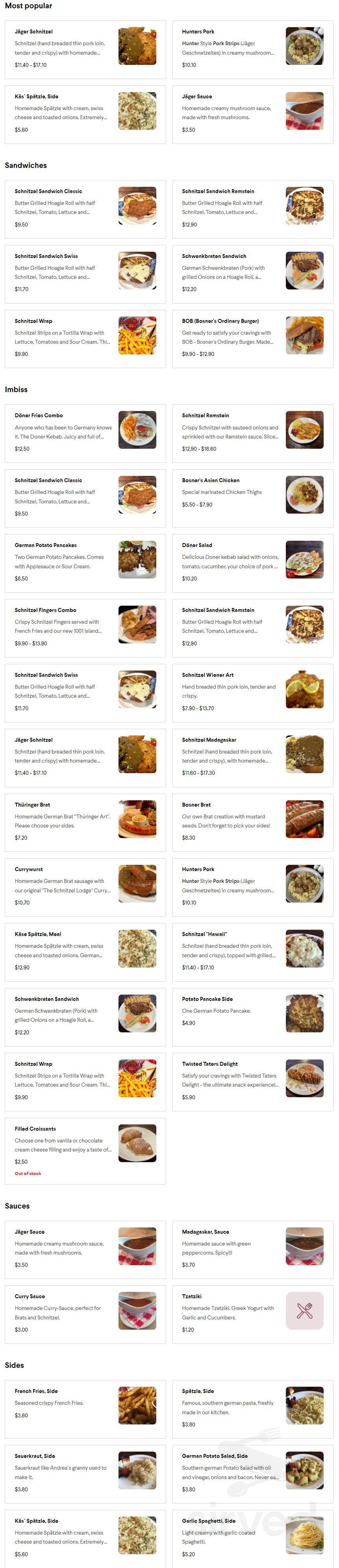 Bosner's German Imbiss & Deli menu in Valparaiso, Florida, USA