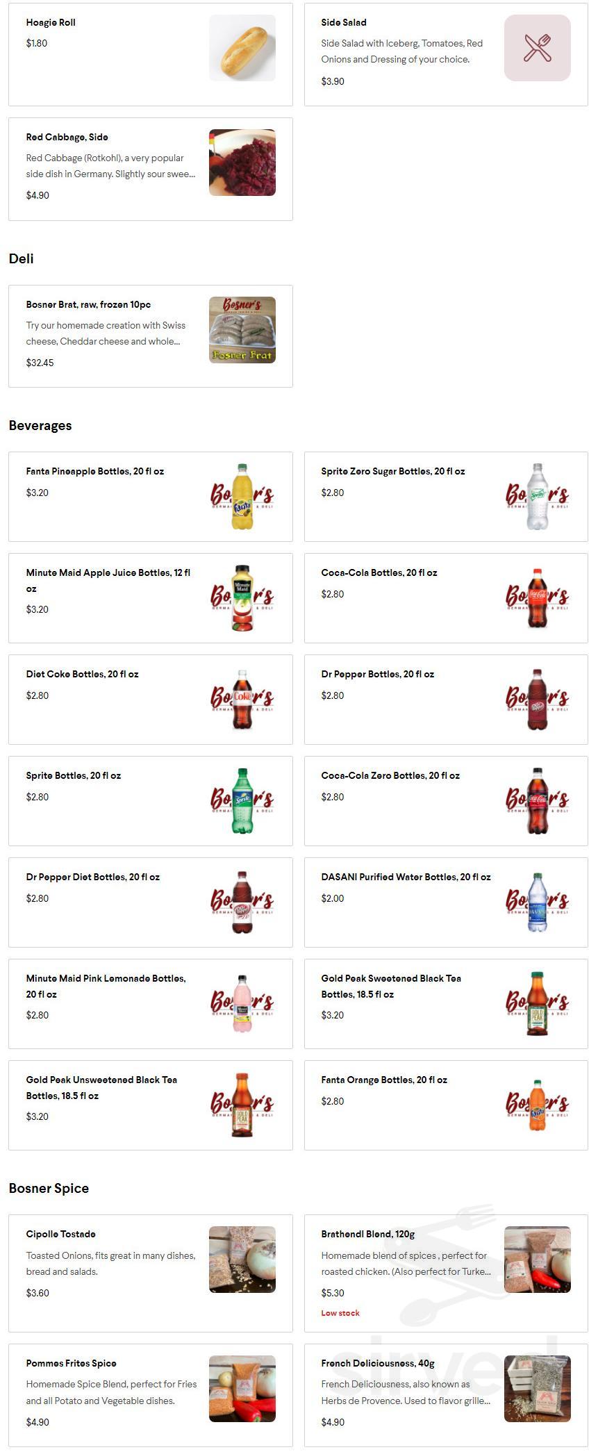 Bosner's German Imbiss & Deli menu in Valparaiso, Florida, USA