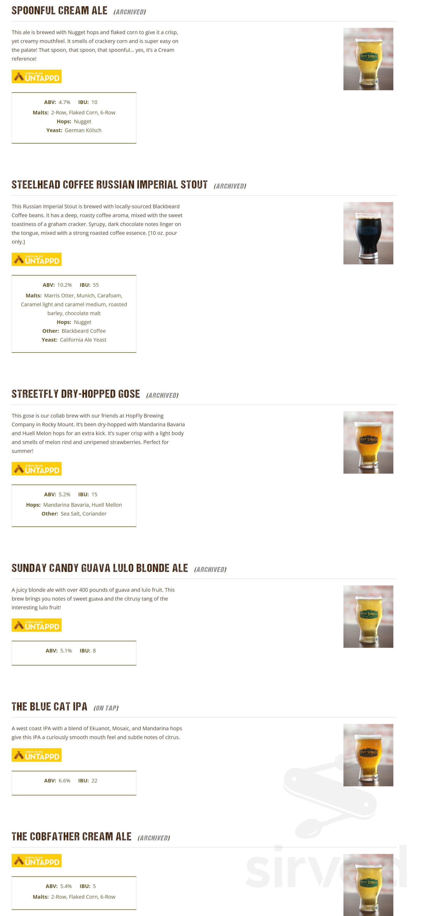 Pitt Street Brewing Company menu in Greenville, North Carolina, USA