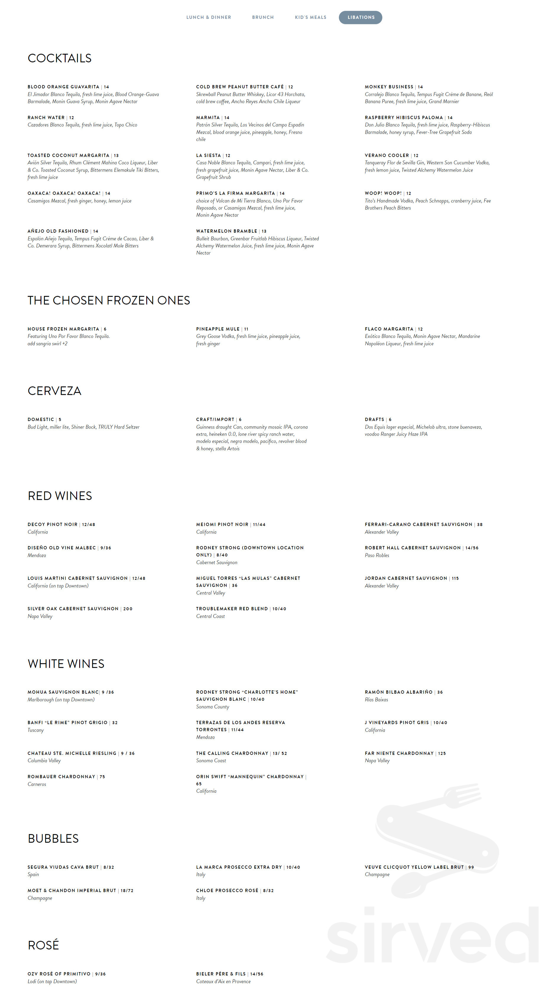 Primo's MX Kitchen Downtown menu in Dallas, Texas, USA