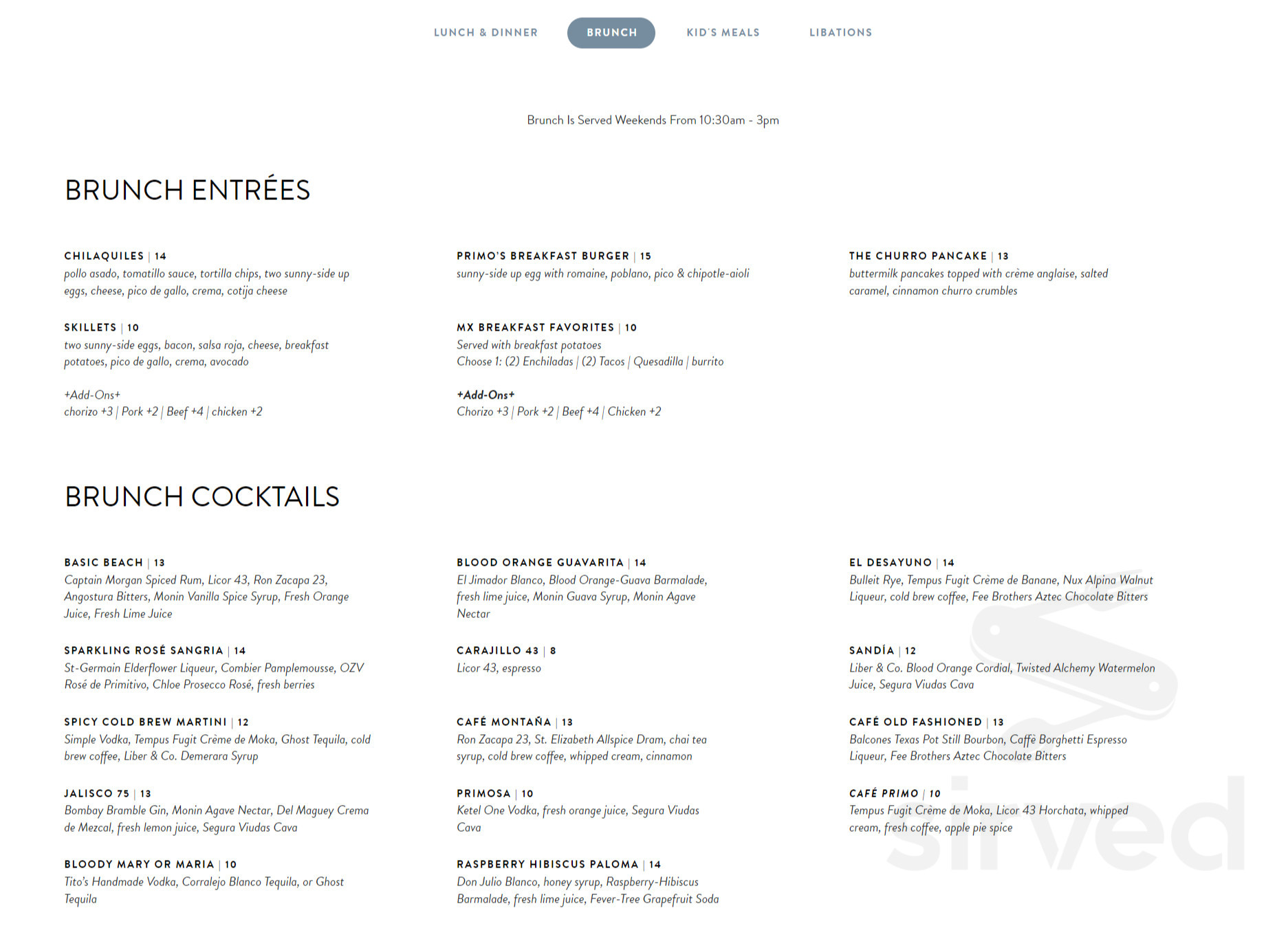 Primo's MX Kitchen Downtown menu in Dallas, Texas, USA