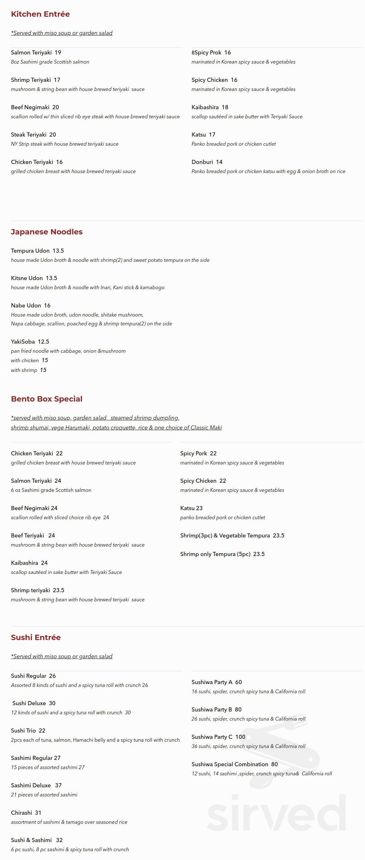 Sushiwa menu in Horsham, Pennsylvania, USA