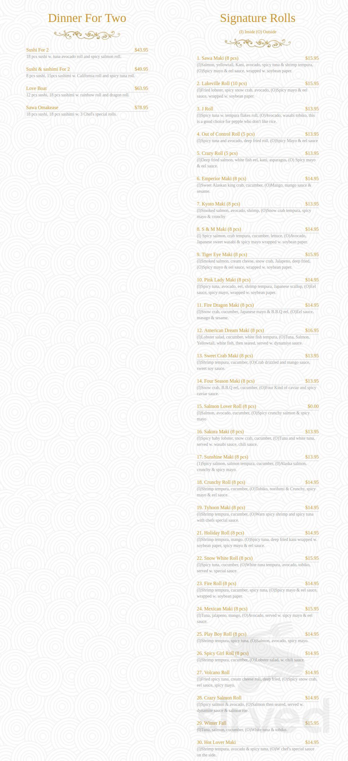 Sawa Japan Steak House menus in Lakeville, Minnesota, United States