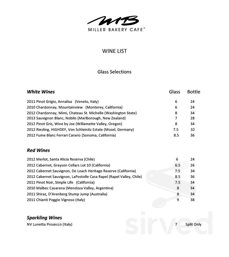 Menu - Gary IN's Miller Bakery Cafe | Sirved