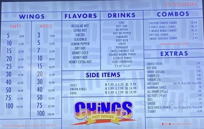 Ching's Hot Wings menu in Memphis, Tennessee, USA