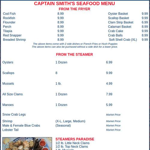 Captain Smith's Seafood menu in Solomons, Maryland, USA