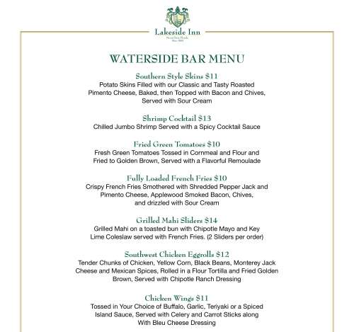 Lakeside Inn menu in Mt Dora, Florida, USA