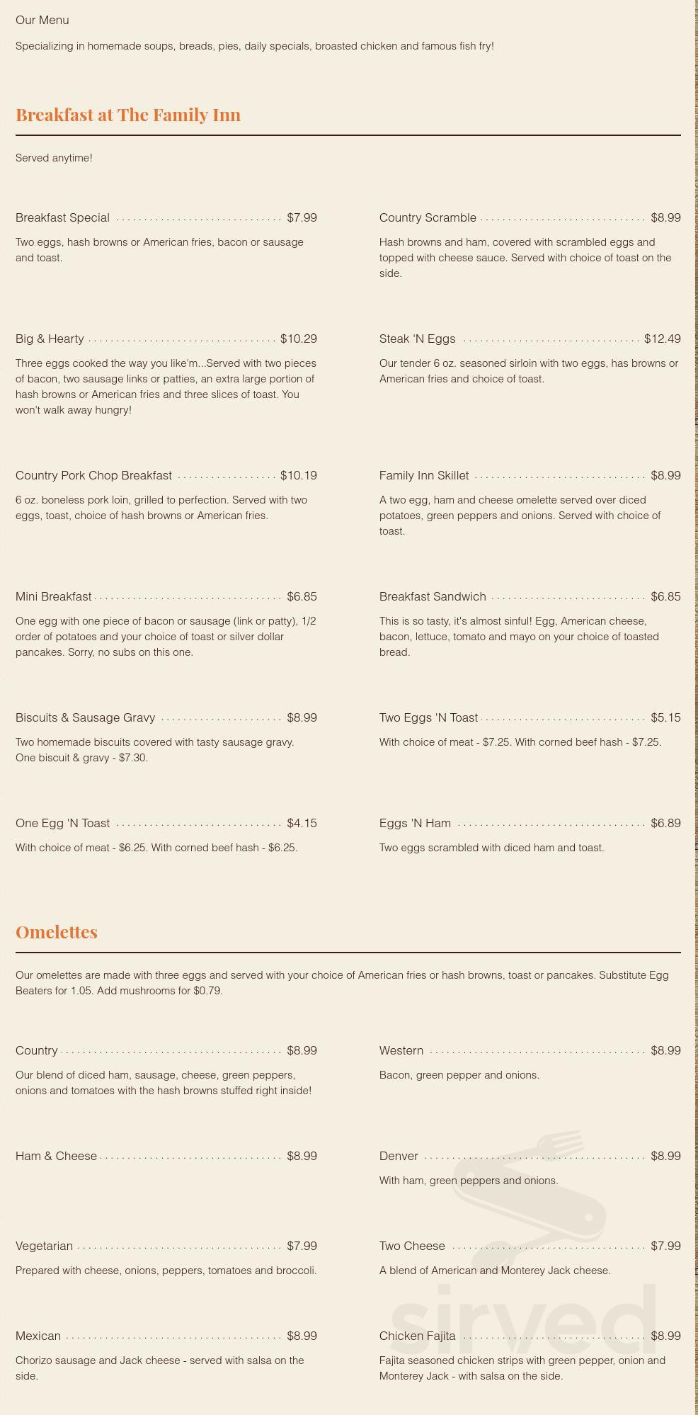 Menu - Escanaba MI's The Family Inn | Sirved