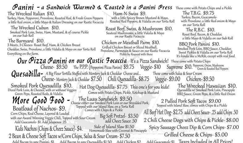 The Wreck Tiki Bar menu in Hatteras, North Carolina, USA